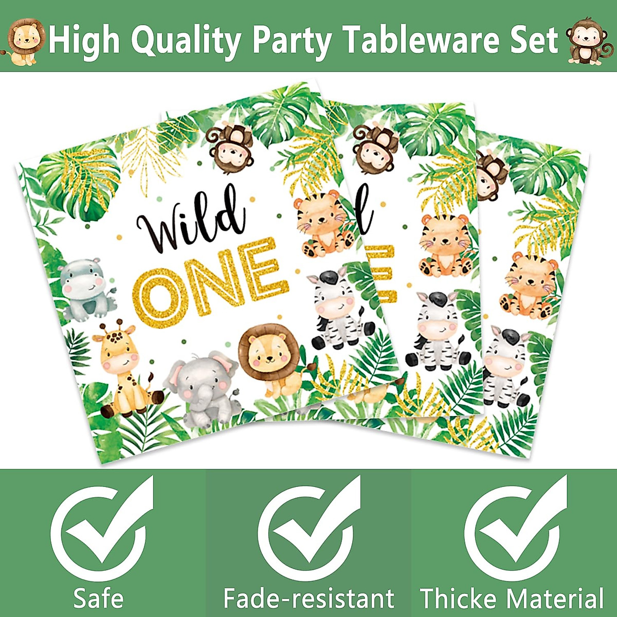 Jungle Safari Baby Shower Decorations Tableware Set Serves 24, Animals Paper Plates, Napkins, Cups, Cutlery for Baby Boy Wild One Birthday Baby Shower Party Supplies