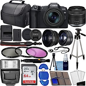 Canon EOS R8 Mirrorless Camera with RF 24-50mm f/4.5-6.3 is STM Lens + Wide Angle Lens + Telephoto Lens + 64GB Memory + 3pc Filter Kit + Case + Flash + Tripod + Accessory Kit (Renewed)