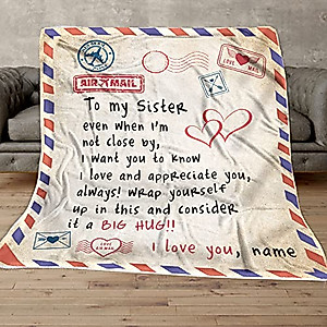 Personalized Air Mail Letter to My Sister Throw Blanket, Gift to My Big Sister from Little Brother,Customized Name,Gift to My Sister Blanket from Brother,Custom Blanket for Birthday, Christmas
