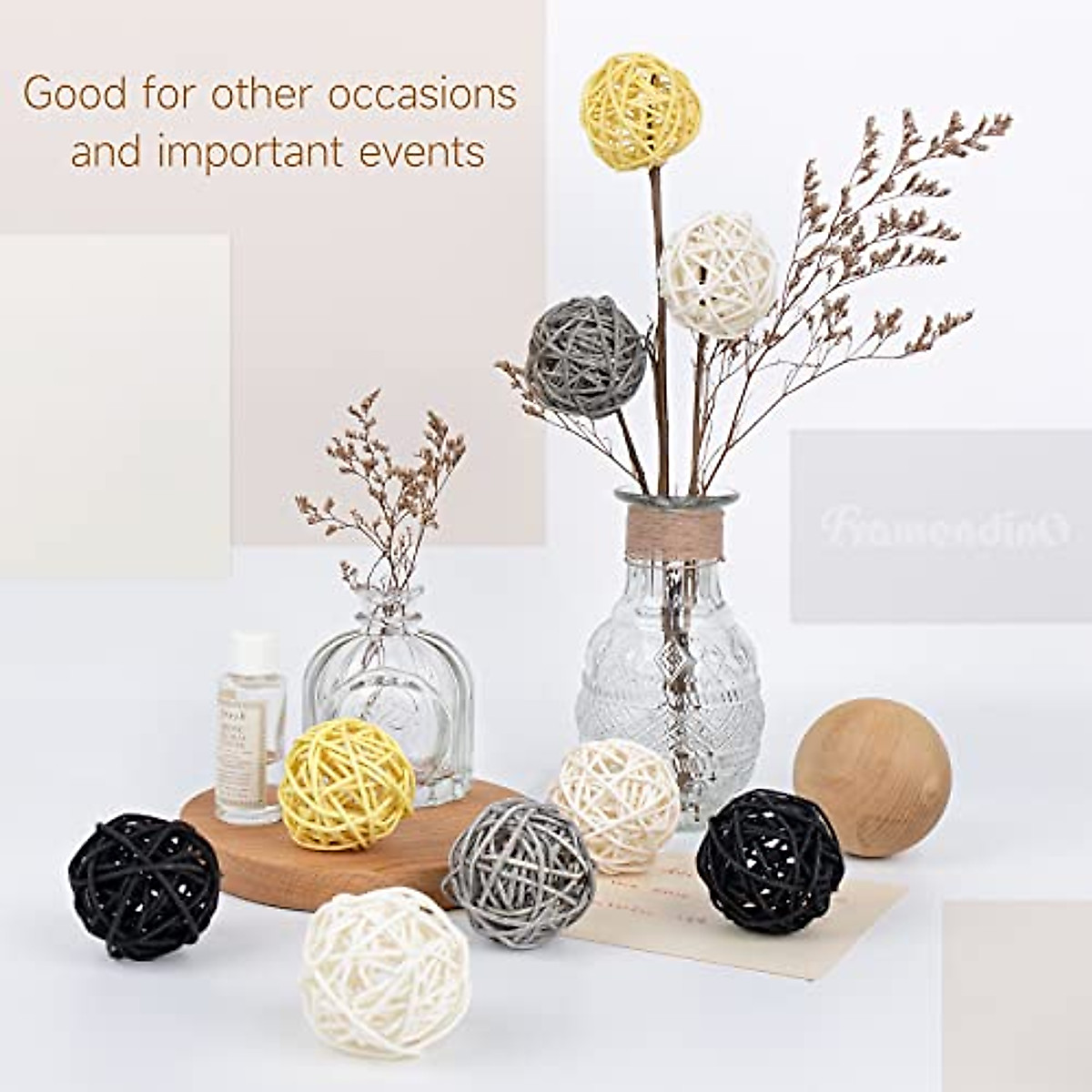 Framendino, 24 Pack 2 Inch Wicker Rattan Balls Decorative for Home Decor DIY Vase Bowl Filler Black Grey Yellow White