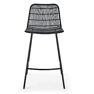 HABITRIO Counter Height Bar Stools Set of 2, Rattan Bar Chairs Bistro Stools with Steel Legs and Footrest, Black, Seat Height 25"