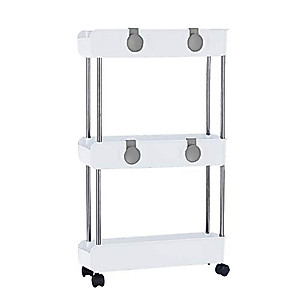 3-Tier Slim Mobile Shelving Unit on Wheels, Slide Out Rolling Bathroom Storage Organizer, Utility Carts Shelf Rack for Kitchen Bathroom Laundry Room Narrow Places, White