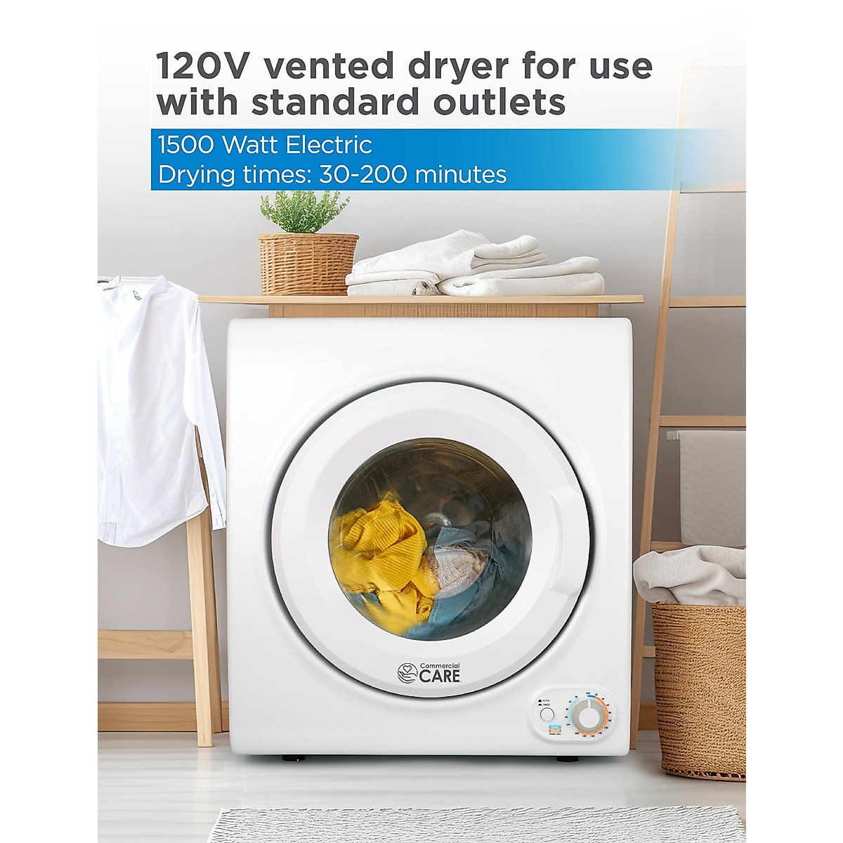 Commercial Care 3.5 Cu. Ft. Portable Dryer, 120V Electric Dryer for Clothes, Front Loading Dryer Machine Holds Up To 13.2 lbs. or 6 kg. of Laundry, Stainless Steel Drum, 1500 Watts, White