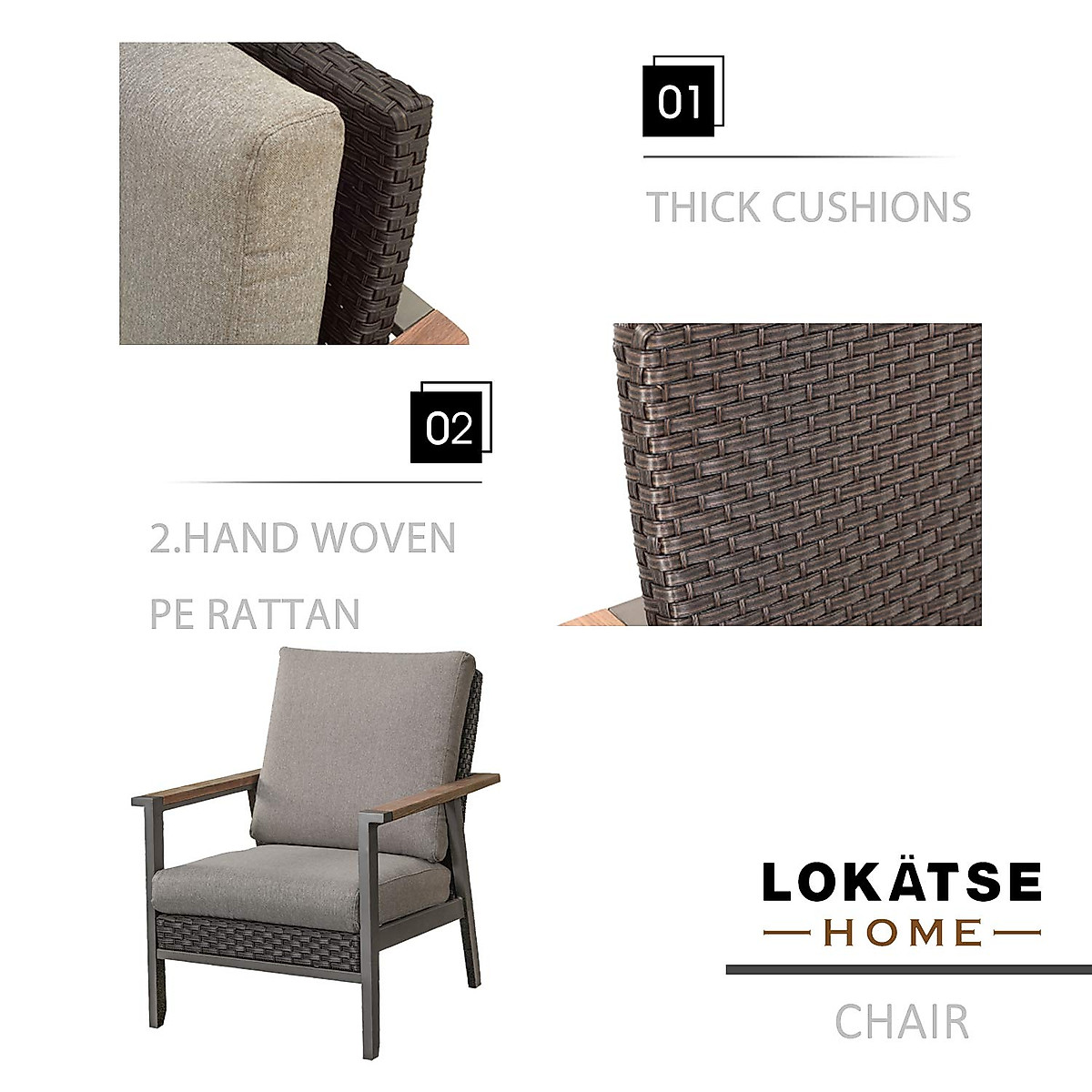 LOKATSE HOME Outdoor Wicker Chair Patio Dining Rattan Grey Cushion