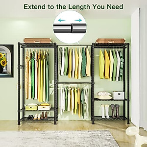 Ulif E1 Heavy Duty Closet Garment Rack, 6 Tiers Adjustable Metal Freestanding Expandable Clothing Storage with 4 Hanger Rods, Easy to Assemble Wardrobe, 70.8” H x (70.8” - 86.6”) L x 14” D, Black