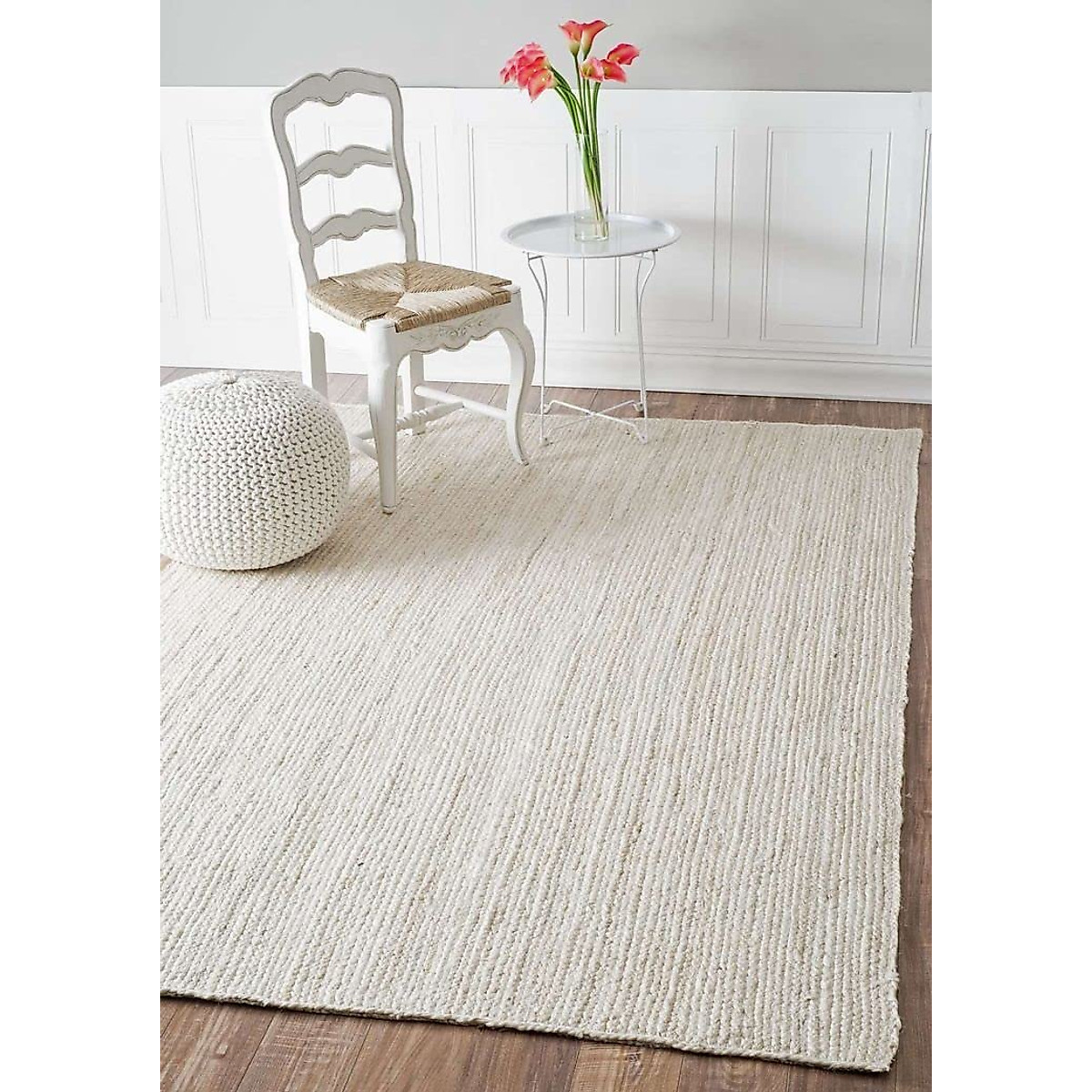 The Knitted Co. 100% Jute Area Rug 5x8 Feet Approx- Braided Design Hand Woven Dyed Off-White Natural Fibers Carpet - Home Decor for Living Room Hallways (5' x 8', Off-White)
