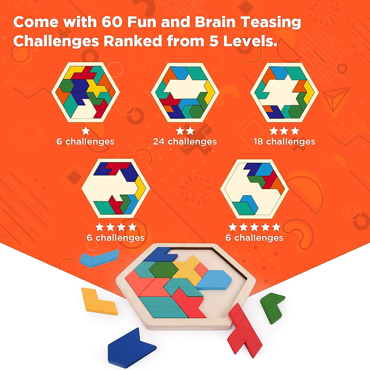 Wooden Hexagon Tangram Puzzle for Kids Adults, Geometric Shape Pattern Blocks, 3D Logic IQ Game, 60 Brain Teaser Challenges, STEM Montessori Educational Toy, Travel Games for Road Trip