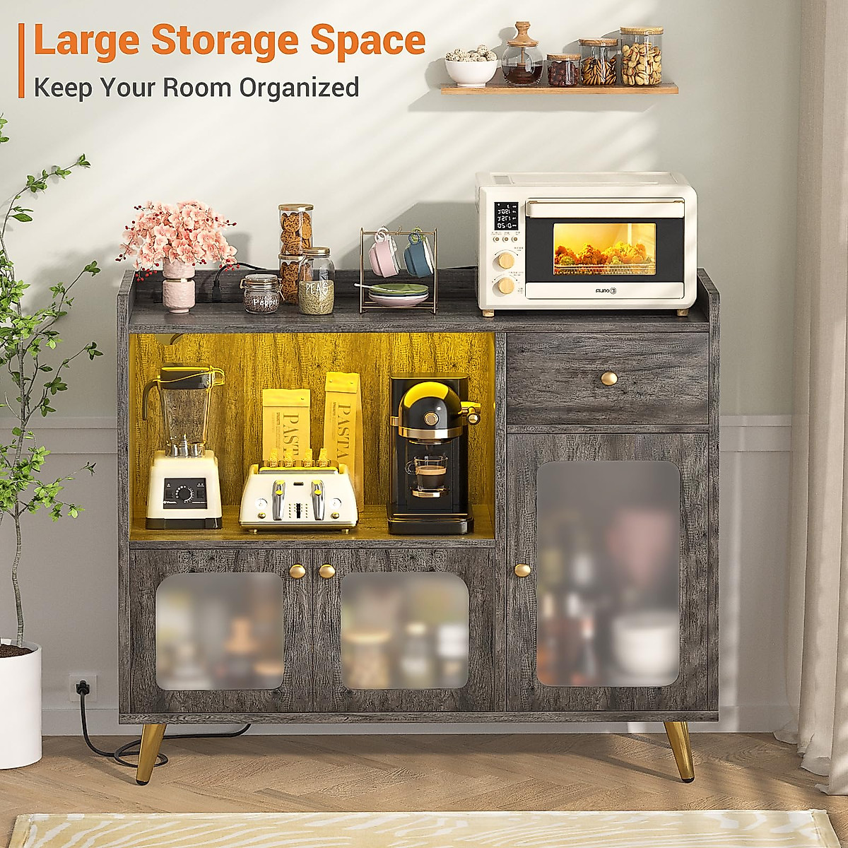 Cyclysio Sideboard Buffet Cabinet with Power Outlet, Kitchen Cabinet with LED Lights, Large Bar Cart Accent Buffet Cabinet with Door for Bedroom, Living Room, Kitchen, Hallway, Grey