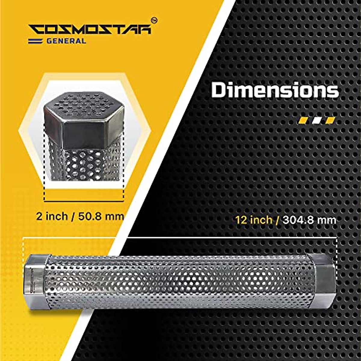 Cosmostar Hexagon Pellet Smoker Tube 12 inches Stainless Steel for Any Grill or Smoker, Hot or Cold Smoking,Premium BBQ Smoker Generator Tube-5 Hours of Billowing Smoke.