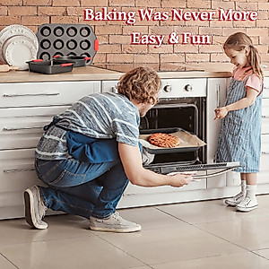 Moss & Stone 9 Piece Baking Pans Set Non Stick, Oven Safe Baking Sheet Set Carbon Steel Non-Stick PTFE Coating, Bakeware Set With Heat Red Silicone Handles, Black Baking Trays For Oven