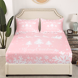 Pink Christmas Bed Sheets Set Merry Christmas Tree Sheet Set for Kids Boys Girls Teens Room Decorations Santa Claus Sheets with Deep Pocket Fitted Sheet Full Size Xmas Deer Elk Bedding Set 4Pcs