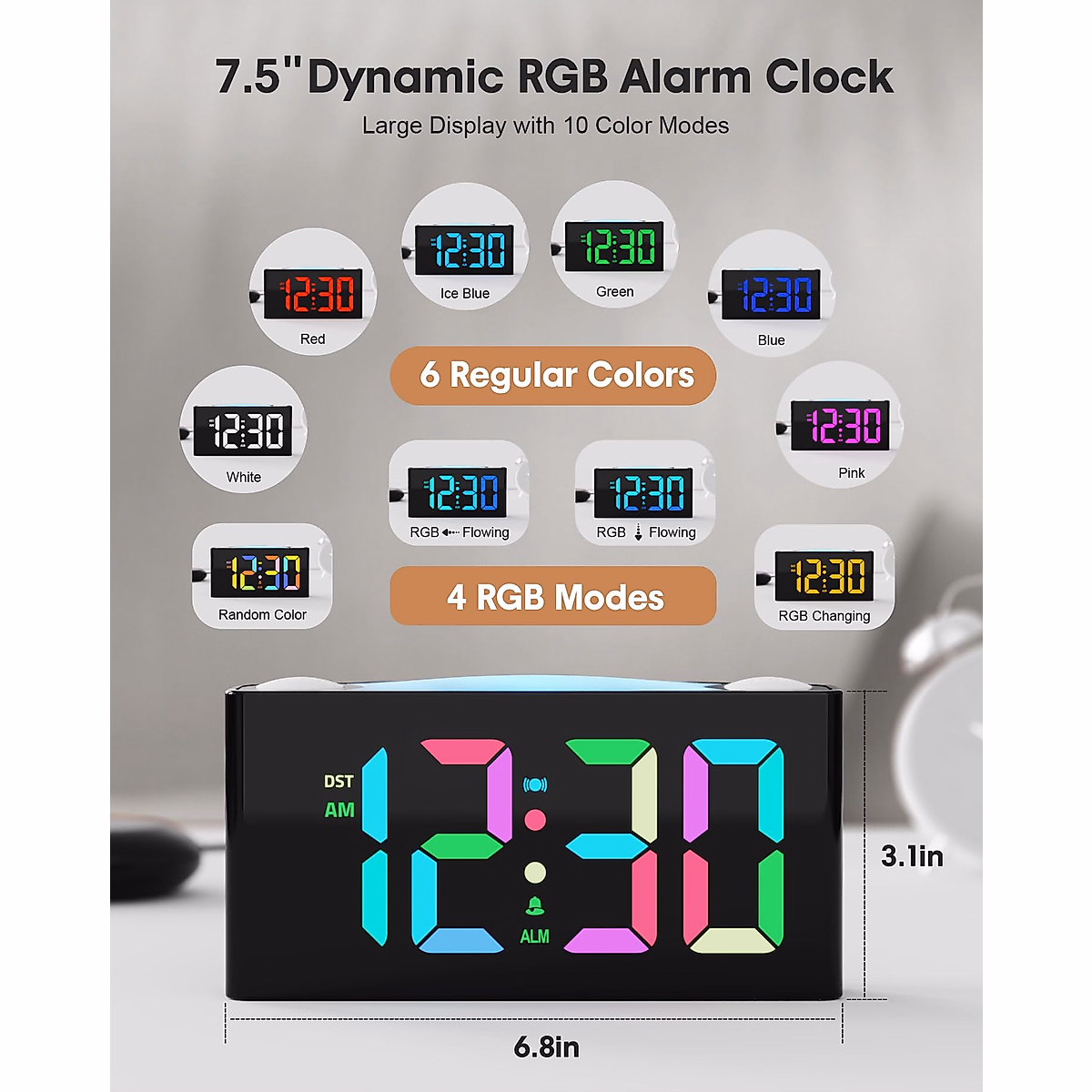 Roxicosly Loud Bed Shaker Alarm Clock for Heavy Sleepers + Vibrating Alarm Clock with RGB Digits & Colorful Night Light