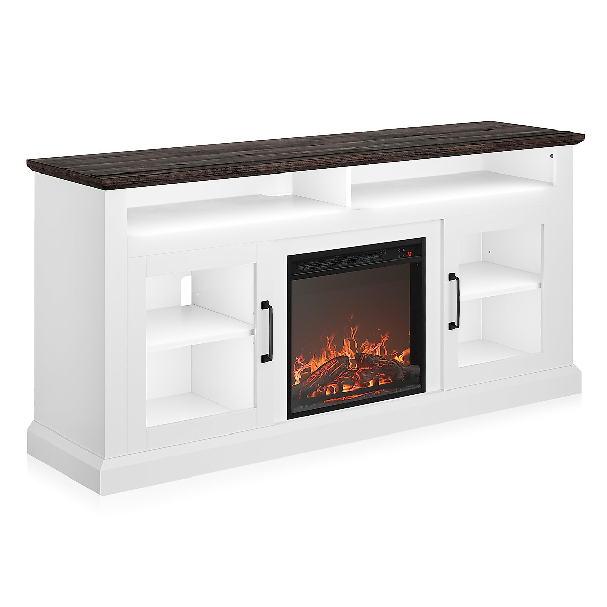 BELLEZE Modern 60" Traditional TV Stand with 18" Electric Fireplace Heater & Media Entertainment Center Console Table for TV up to 65" with Open Storage Shelves & Cabinets - Cayman (White)