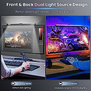 Quntis Monitor Light RGB Backlight, Eye-Care Dual Light Computer Light Bar Gaming Office Desk Lamp, 15 Modes Dimmable Backlight, 3 Color Temperature Adjustable Brightness, Ra95 Screen Light Bar
