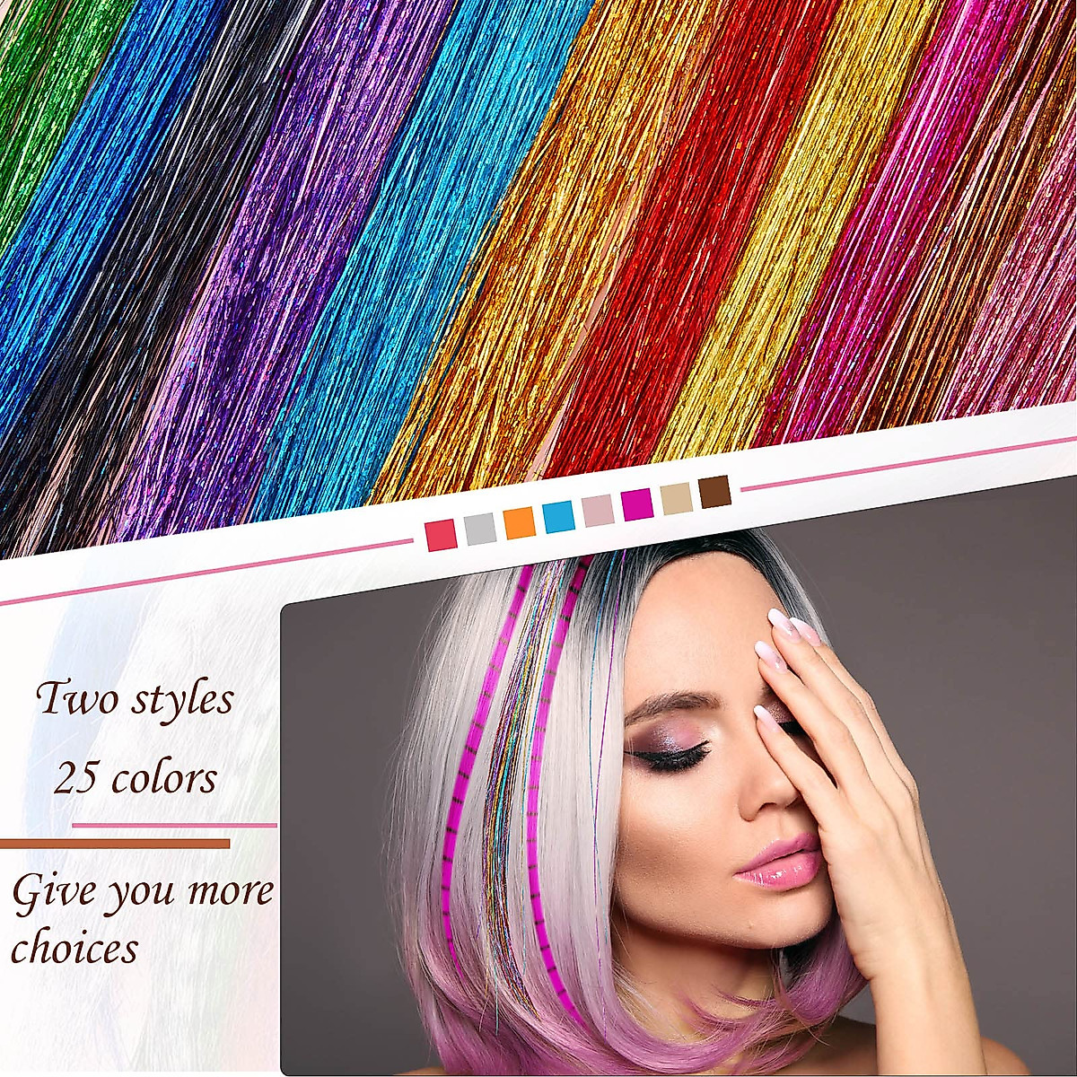 1440 Strands Hair Tinsel Kit with Tools Glitter Hair Extension Tinsel 26 Pieces 13 Colors Feather Hair Extensions Heat Resistant Synthetic Hair with 200 Micro Ring Beads for Women Cosplay Party Supply