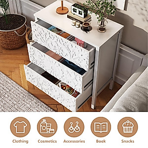 PHOYAL 3-Drawer Dresser Chest, Modern Wooden Flower Motif Dresser with Wide Storage Space Chest of Drawers Bedside Nightstand Dresser Closet for Living Room Bedroom, Hallway (White)