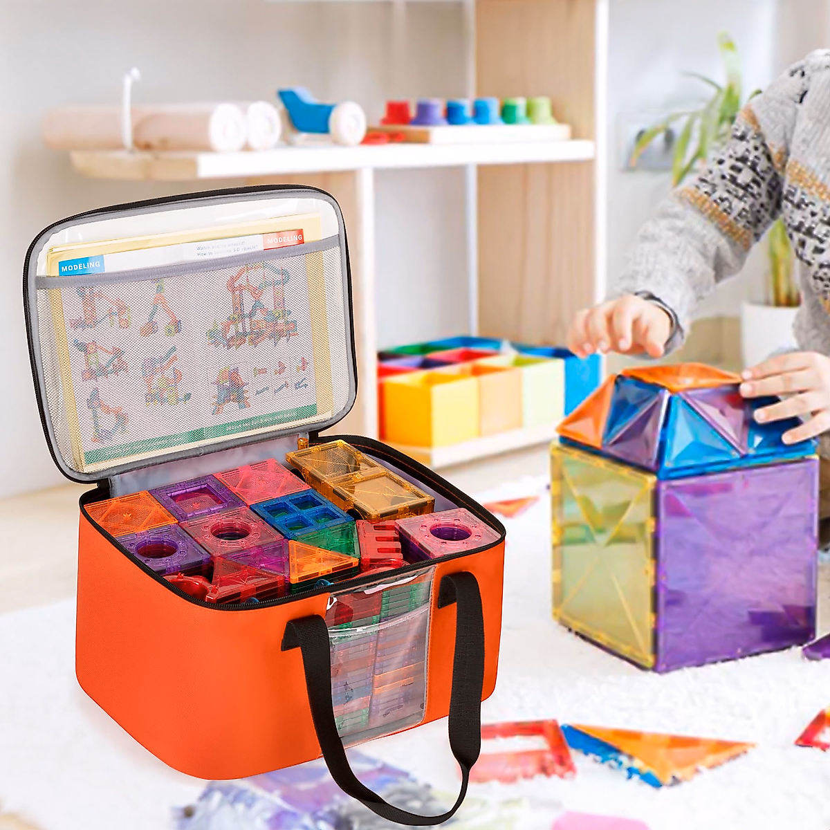 Rexmica 4 Pack Magnetic Tiles Storage Bag, Multifunction Toy Storage Organizer Bag, Magnetic Tiles Travel Bag Case with Visible Top for Magnet Building Tiles, Board Game, Puzzle, Car Toy