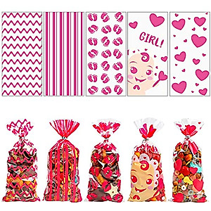 SULOLI Baby Shower Cellophane Bags,120pcs Pink Candy Goodie Bags Gender Reveal Treat Bags with 150 Twist for Baby Shower Party Favor supplies