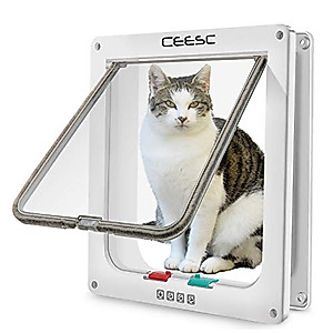 CEESC Extra Large Cat Door (Outer Size 11" x 9.8"), 4 Way Locking Large Cat Door for Interior Exterior Doors, Weatherproof Pet Door for Cats & Doggie with Circumference < 24.8" (White)