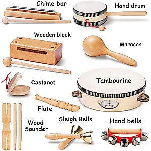 LOOIKOOS Toddler Musical Instruments, Eco Friendly Musical Set for Kids Preschool Educational, Natural Wooden Percussion Instruments Musical Toys for Boys and Girls with Storage Bag