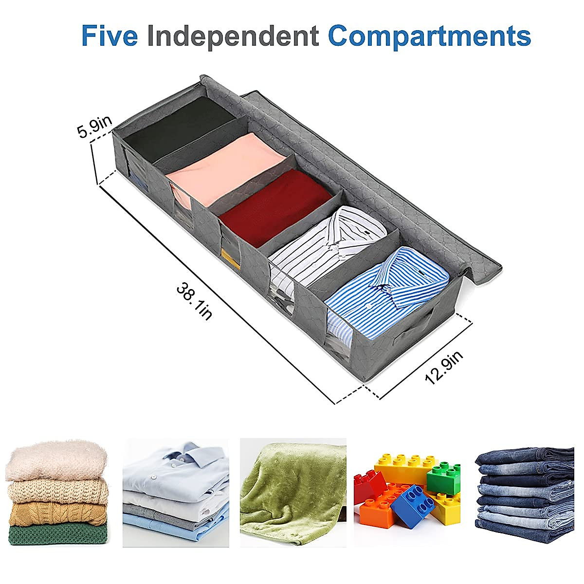 CHAFIN Under Bed Clothes Organizer,Dividers Storage Bag with Durable Fabric, Reinforced Handle, 5 Clear Window,Clear windows for Clothing, Shoes, Blankets, Sweaters, Toys,Grey, 2 Pack