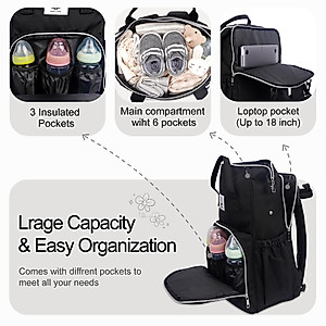 COTTONBEBE Diaper Bag with Changing Pad, Large Baby Bags Backpack with Stroller Straps & Insulated Pockets, Multifunction Waterproof Travel Diapers Back pack for Women & Man, Black