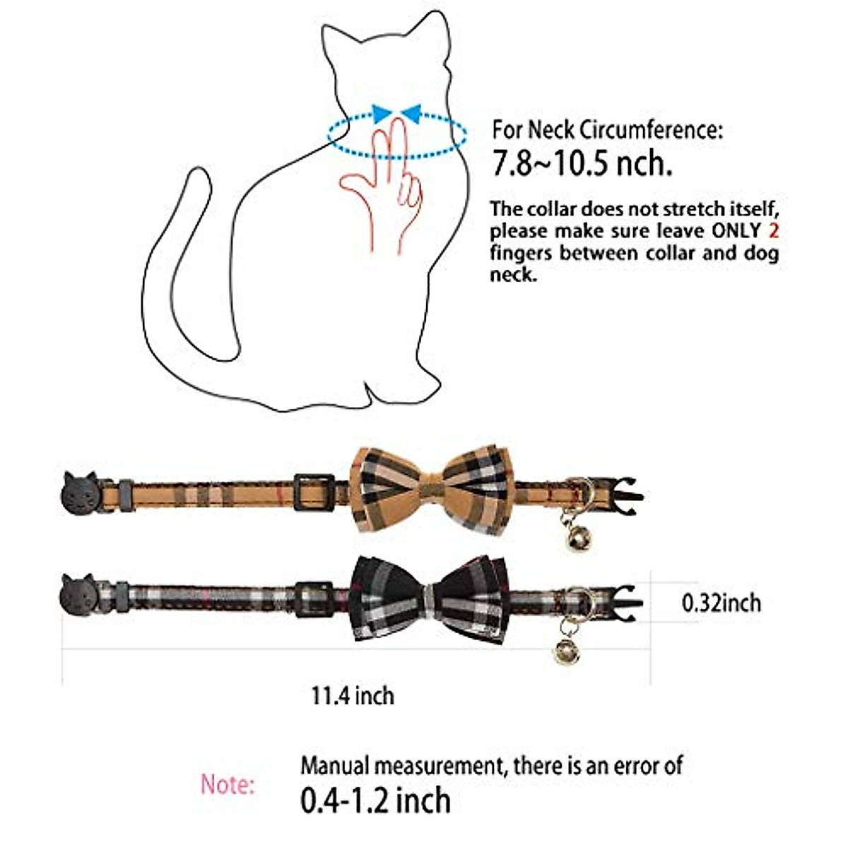 KUDES 2 Pack/Set Cat Collar Breakaway with Cute Bow Tie and Bell for Kitty and Some Puppies, Adjustable from 7.8-10.5 Inch