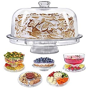 Lillian Tablesettings Cake Stand with Dome Cover, 6-in-1 Multi-Purpose Use, Serving Platter, Punch Bowl, Desert Platter and More, BPA Free, Clear (60220)