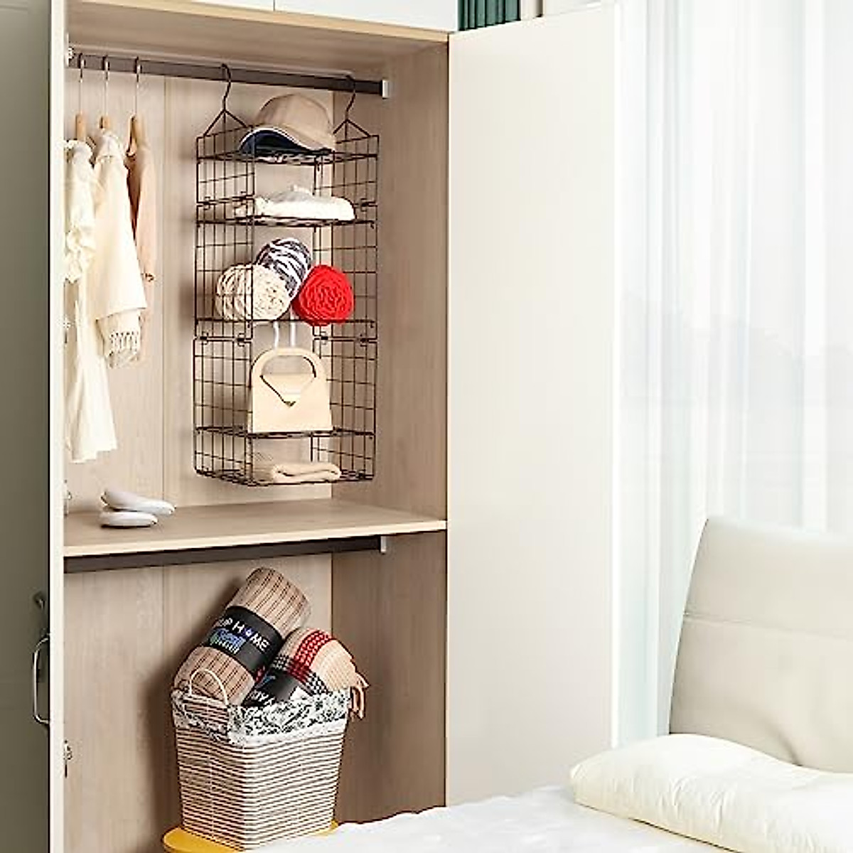 Chemailon Metal Wire Hanging Closet Organizer 4-Shelf Wardrobe Storage for Clothes, Shoes, and Handbags, Adjustable Height, Black