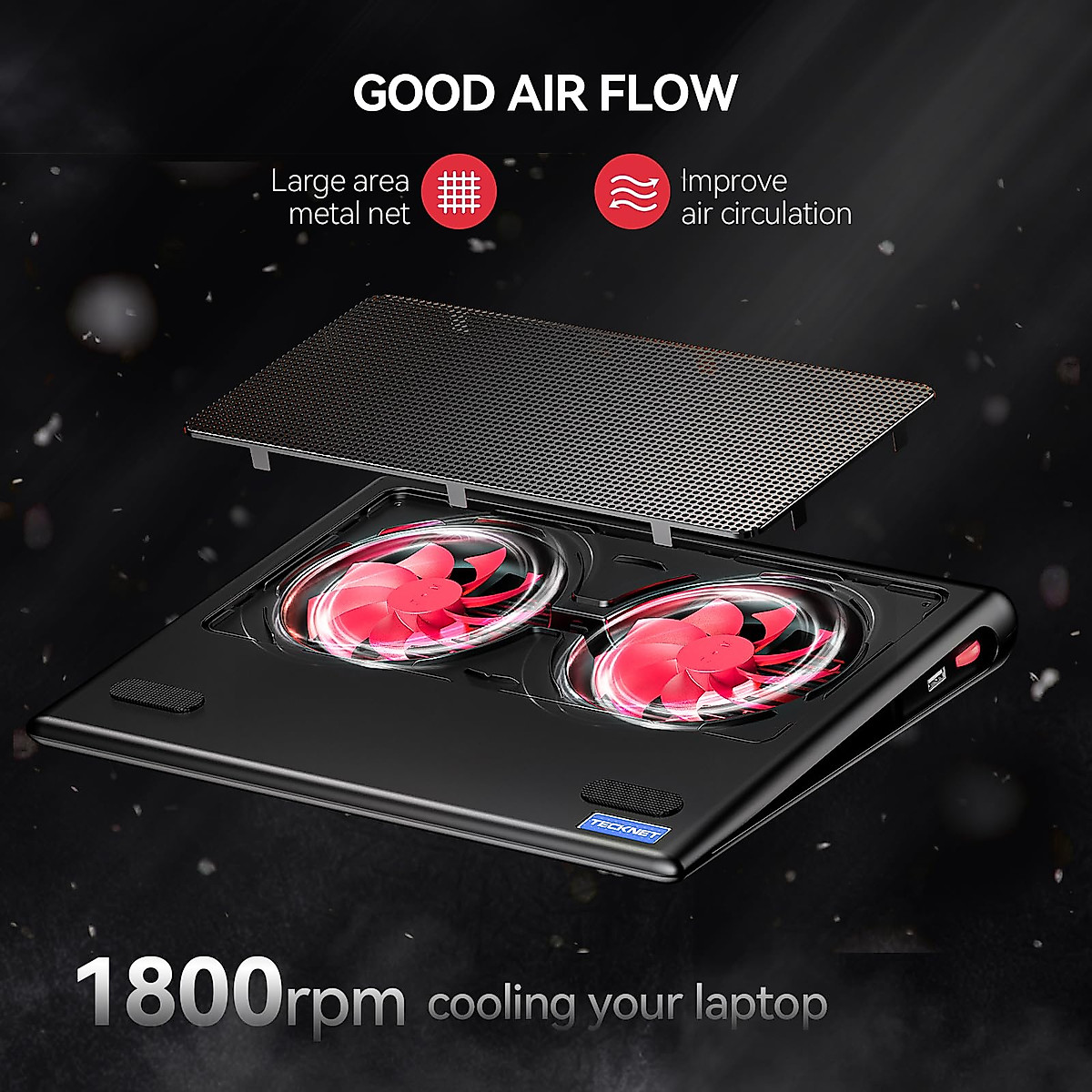 TECKNET Laptop Cooling Pad, 12"-15.6" Laptop Cooler, Gaming Laptop Cooling Stand, Wind Speed Adjustable, 2 USB Powered Laptop Fan Cooling Pad for Laptop Within 16 Inch (Red)