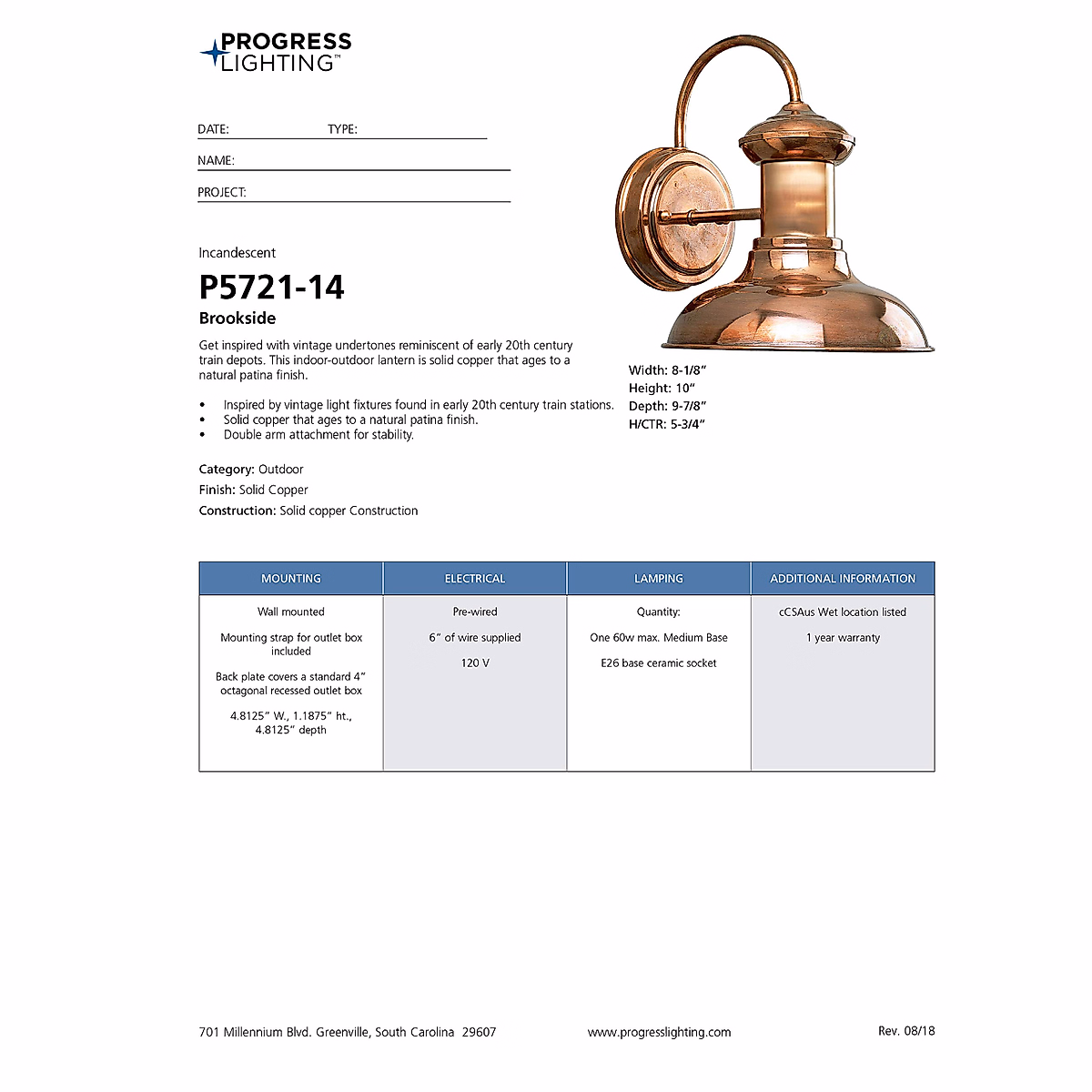 Progress Lighting P5721-14 Brookside Outdoor, 8-Inch Width x 9-3/4-Inch Height, Brown