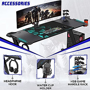 It's_Organized Gaming Desk 60 inch,Racing Style Gaming Computer Desk with RGB LED Lights,Z Shaped Professional Gamer Workstation with Mouse Pad,Handle Rack,Cup Holder,Headphone Hook,Black