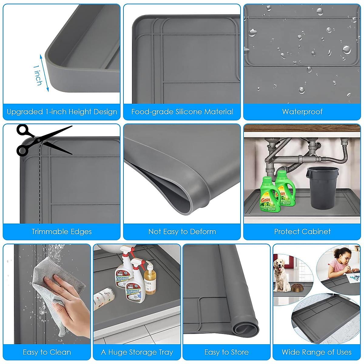 Kqiang Under Sink Mat 34" x 22" Cabinet Liner for Kitchen Waterproof Trimmable Reusable Silicone Under Sink Mat Raised Edge Cabinet Liner Protector for Kitchen Bathroom