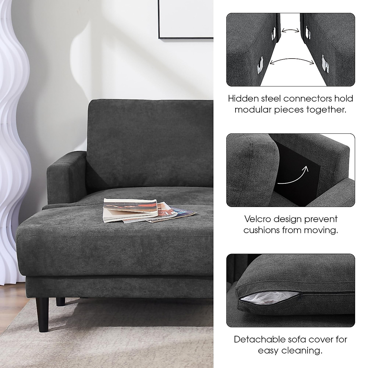 MCombo Sectional Couch Sofa L Shaped Couch for Living Room 3-Seat Dark Grey Sofa for Bedroom Modern Couch Set of 4 for Small Space Apartment Velvet Couch with Ottoman