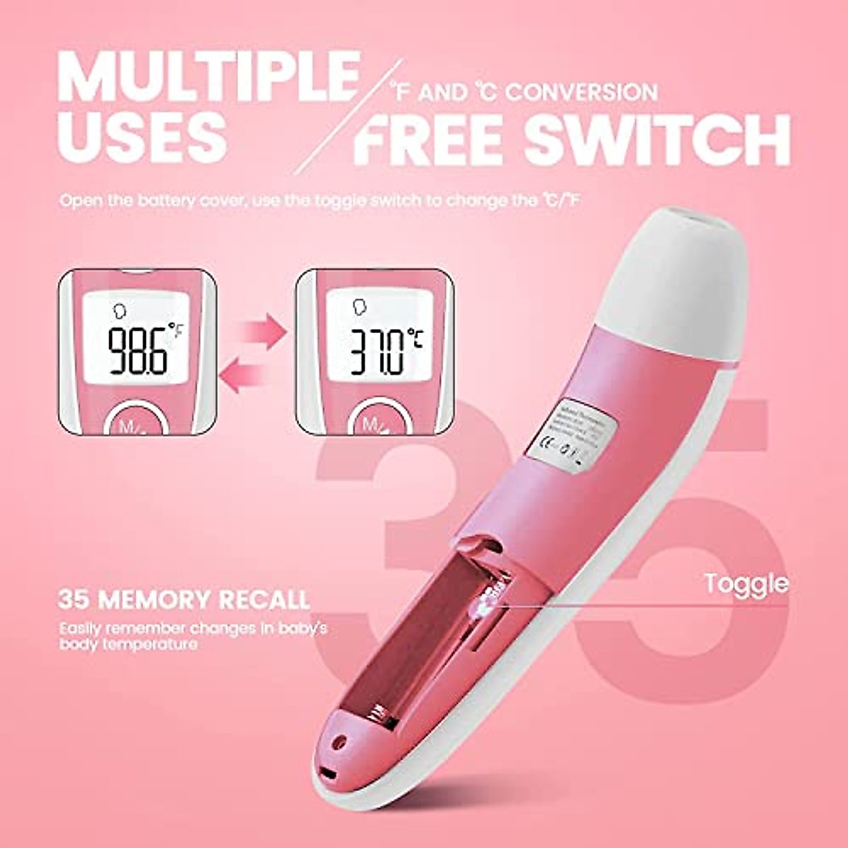 Forehead Thermometer for Adults and Kids, No-Touch Infrared Thermometer for Fever with LCD Display and Memory Function, Ideal for Family Use - Pink