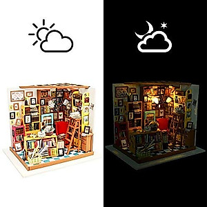 Hands Craft DIY Miniature Dollhouse Kit - Sam's Study 3D Model Tiny House Building with LED Lights Wood Prefabricated Pieces Puzzle 1:24 Scale Crafts for Adults and Teens DG102
