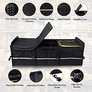 HEYTRIP Large Trunk Organizer With Built-in Leakproof Cooler Bag, 2 Tie-Down Straps, 4 Removable Dividers, Foldable Cover, Built with 2mm PE Board