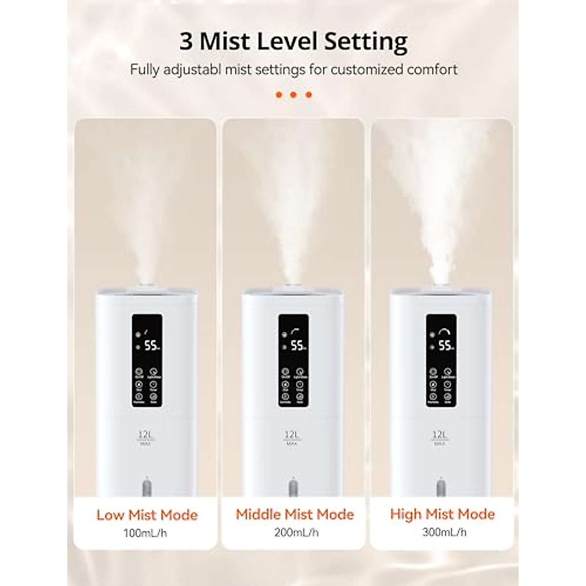 VAGKRI 12L Humidifiers for Large Room, Last 120 Hours, Cover up to 1000ft², Top Fill Ultrasonic Cool Mist Humidifier, 3 Mist Level, 24H Timer, Essential Oil Diffuser Humidifiers For Bedroom, Home