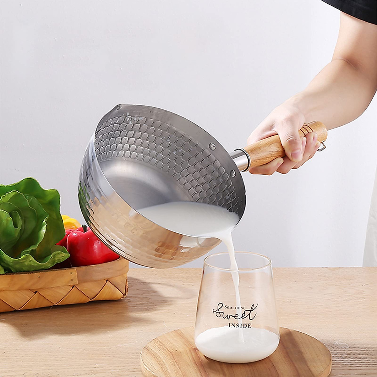 DEAYOU Stainless Steel Saucepan with Glass Lid, 2 Quart Yukihira Sauce Pan with Wood Handle, Traditional Japanese Snow Pan Pot with Two Side Spouts for Cooking, Noodles, Soups, Hot Milk, 8"