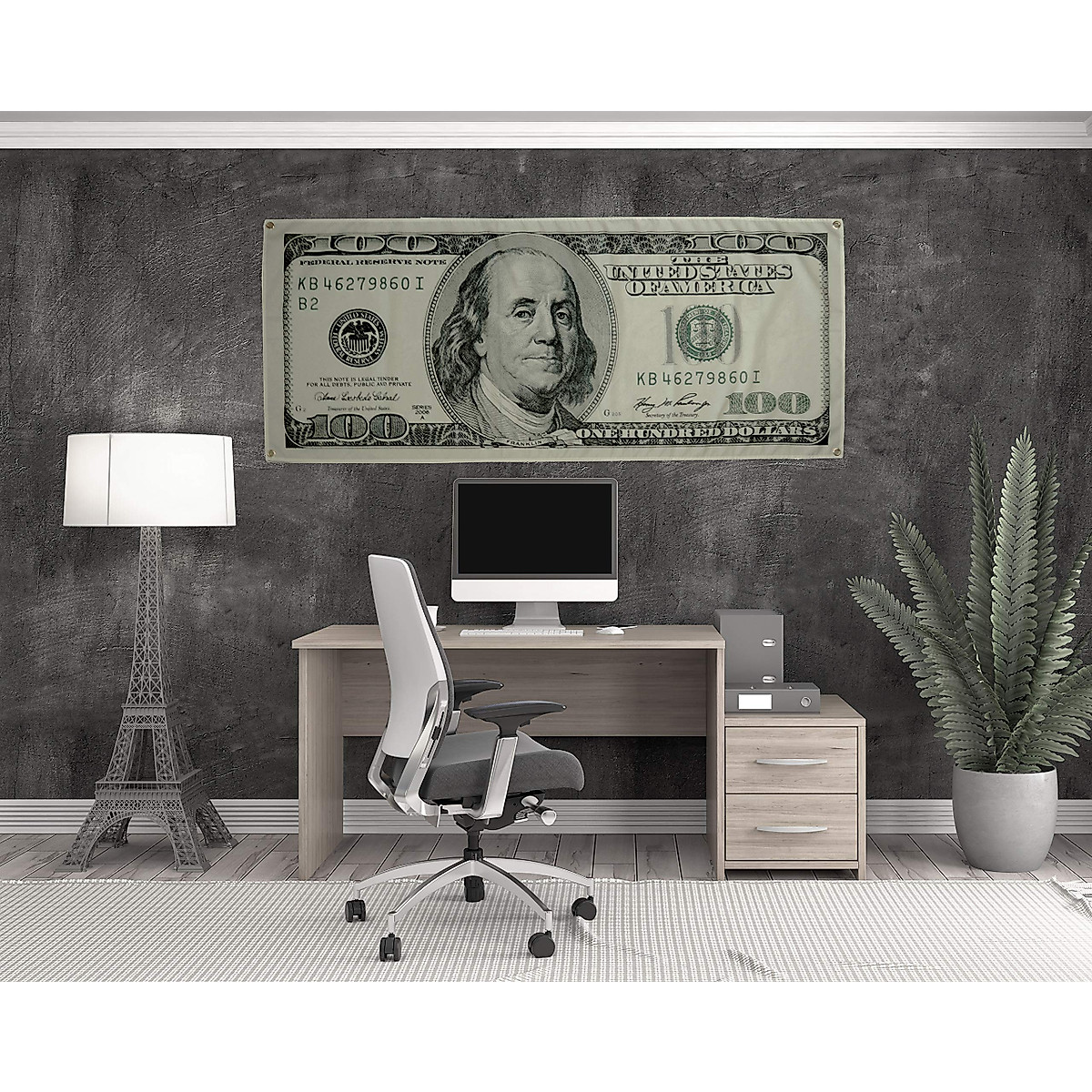 Motivational 100 Dollar Bill Large Life Size Money Flag Backdrop -Man Cave Wall Decorations Benjamin Franklin Dorm Bedroom Accessories - Frat House Living Room Flag 2X5 Cool Flag for Guys Home Office