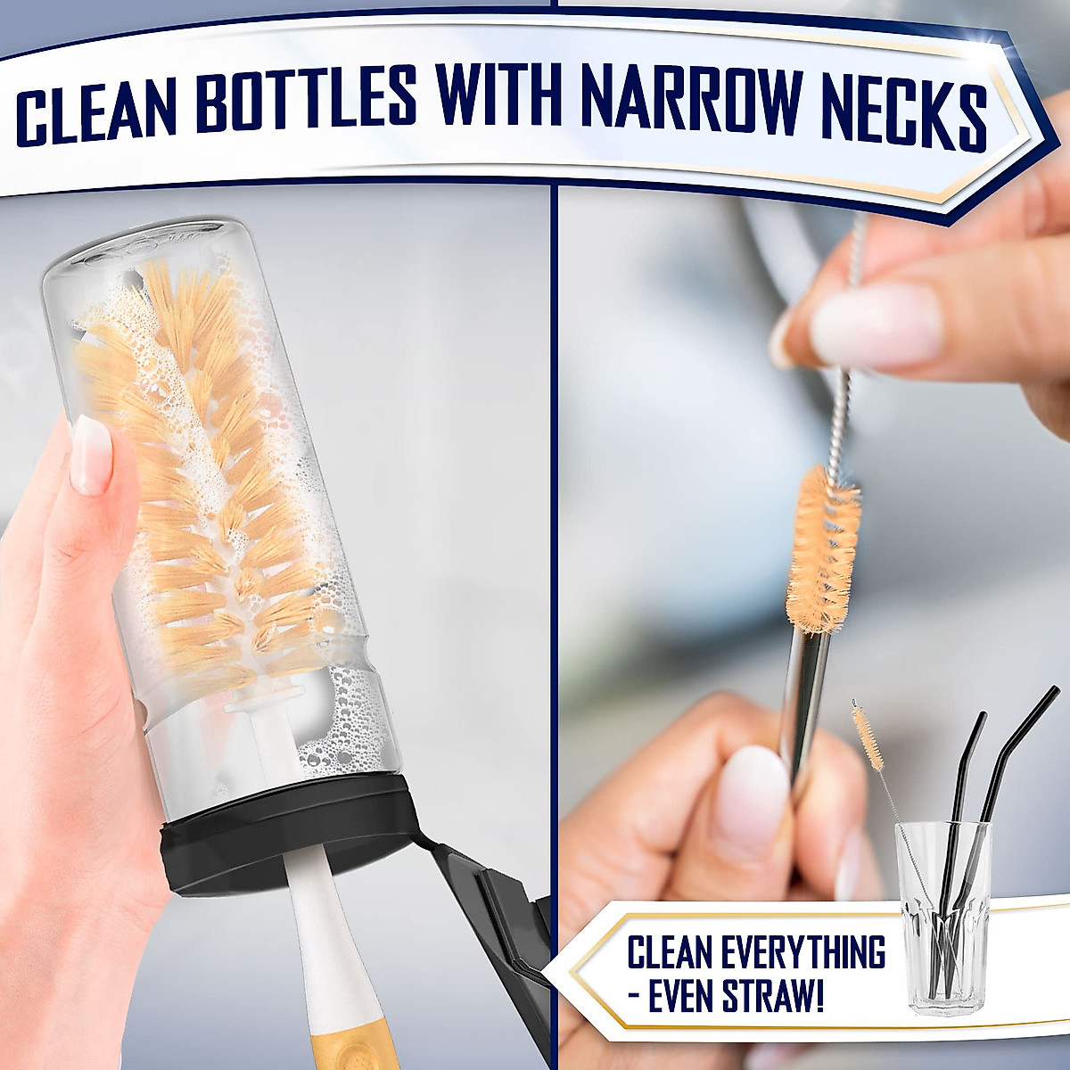 Dish Brush Set of 4 with Bottle Water Brush, Dish Scrub Brush, Scrubber Brush and Straw Brush - Kitchen Scrub Brushes Ergonomic Non Slip Long Handle for Cleaning Cleaner Wash Dish Sink Dishes Cup Pot