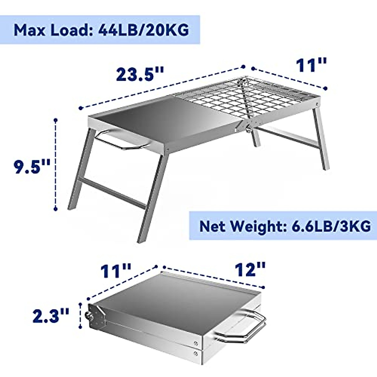Skyflame Folding Campfire Grill, Portable Stainless Steel Camping Grill Grate and Camp Grill Griddle with Collapsible Legs for Versatile Outdoor Backpacking BBQ Over Fire Pit Cooking