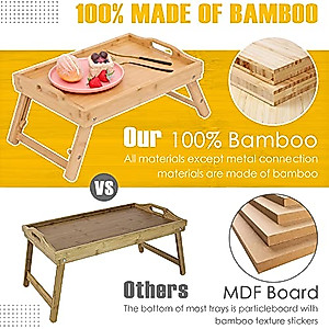 JESSILIN HOME Bamboo Bed Tray Table, Breakfast Tray for Eating with Folding Adjustable Legs & Handles, Whole Bamboo