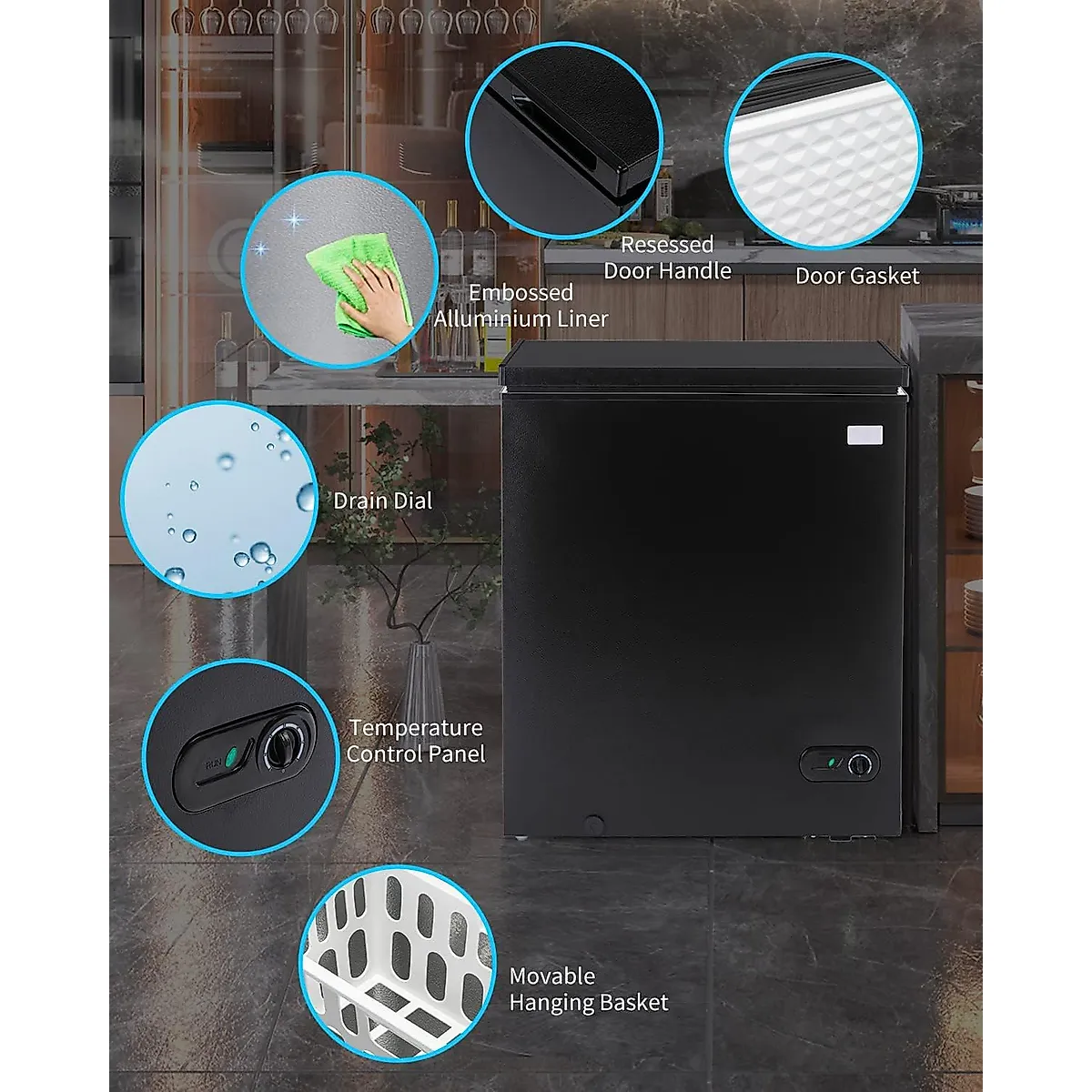 Muhub 5.0 Cu.Ft Chest Freezer,Deep Freezer with Removable Basket,Compact Freezer with Top Open Door, Adjustable Temperature, Low noise，Suitable for Kitchen Dorm Garage and Shed，Black