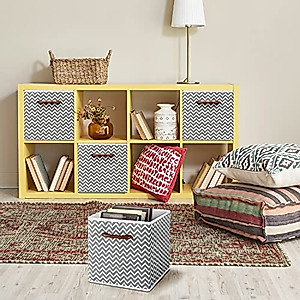 MaidMAX Cloth Storage Bins Cubes Baskets Containers with Wooden Handle for Home Closet Bedroom Drawers Organizers, Foldable, Gray Chevron, Set of 6