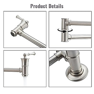 Double Handles Folding Pot Filler Kitchen Faucet with 360 Degrees Swing Arm Single Hole Brass Wall Mount Pot Filler Facuet Dual Joints Brushed Nickel