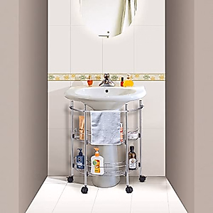 L&H Unico Under The Sink Organizer Pedestal Storage Rack Stand with 2 Tier Shelves Hand Towel Bar for Bathroom Kitchen,Stainless Steel,Chrome