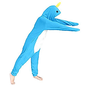 dressfan Animal Narwhal Onesie Pajamas Hooded Halloween Cosplay Costume Christmas Pajamas for Family Adult Women Blue