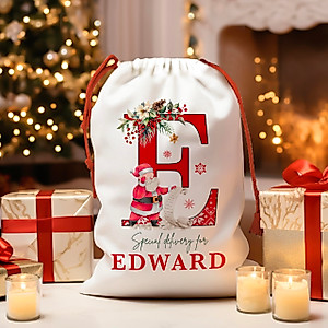 Custom Initial Christmas Santa Sack, Personalized Xmas Gift Pouch, Monogrammed Drawstring Bag