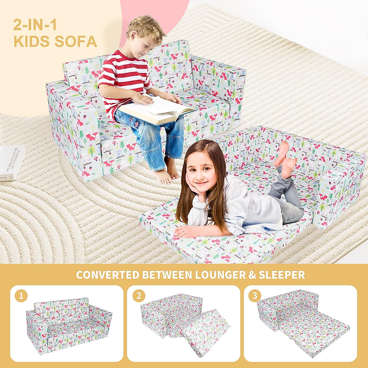 babimoni Kids Chairs for Toddler, 2 in 1 Foldable Toddler Couch, Convertible Foam and Floor Cushion for Boys and Girls, Zoo